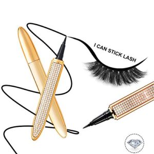 2021 Upgraded Self-adhesive Eyeliner,2 in 1 Eye Liner Pen Diamond Bling Glitter Liquid Eyeliner No Glue, Non Magnetic, Eye Liner for Eye Makeup and Wear Normal False Eyelashes (Queen Gold)