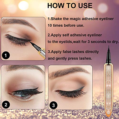 2021 Upgraded Self-adhesive Eyeliner,2 in 1 Eye Liner Pen Diamond Bling Glitter Liquid Eyeliner No Glue, Non Magnetic, Eye Liner for Eye Makeup and Wear Normal False Eyelashes (Queen Gold)