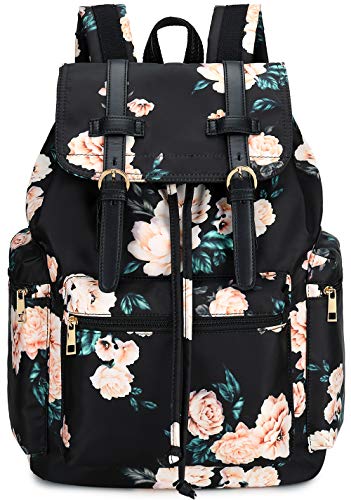 Backpack Women College Floral Bookbag Lady Travel Rucksack 15.6Inch Laptop Bag (Black peony)