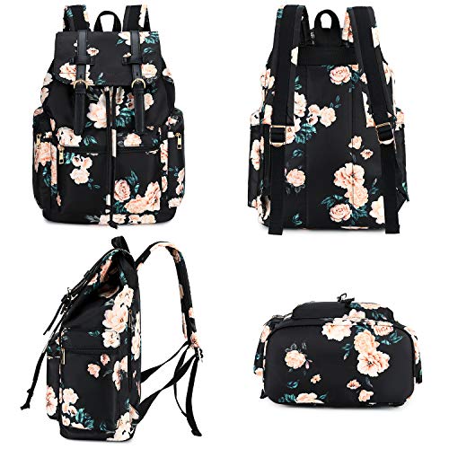 Backpack Women College Floral Bookbag Lady Travel Rucksack 15.6Inch Laptop Bag (Black peony)