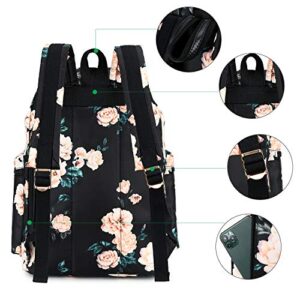 Backpack Women College Floral Bookbag Lady Travel Rucksack 15.6Inch Laptop Bag (Black peony)