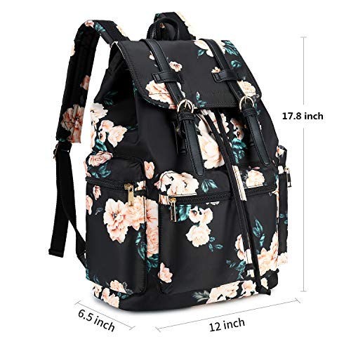 Backpack Women College Floral Bookbag Lady Travel Rucksack 15.6Inch Laptop Bag (Black peony)