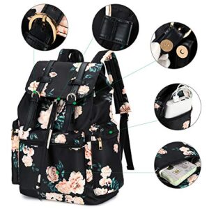 Backpack Women College Floral Bookbag Lady Travel Rucksack 15.6Inch Laptop Bag (Black peony)