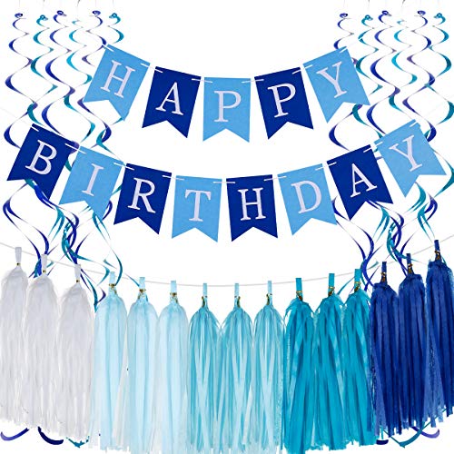 Blue Happy Birthday Decorations with Happy Birthday Blue Felt Banner,Tissue Paper Tassels Garland and Hanging Swirl Decorations for Adults Blue Birthday Party Decorations