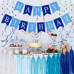 Blue Happy Birthday Decorations with Happy Birthday Blue Felt Banner,Tissue Paper Tassels Garland and Hanging Swirl Decorations for Adults Blue Birthday Party Decorations