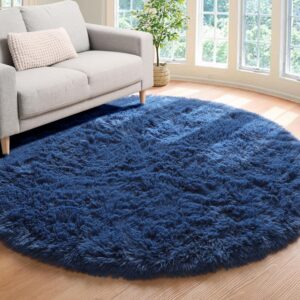 onasar navy blue round area rug 4ft, soft bedroom circle rugs floor mat for kids girls boys teen room, fluffy plush shaggy carpet for baby nursery living room playroom dorm home decor