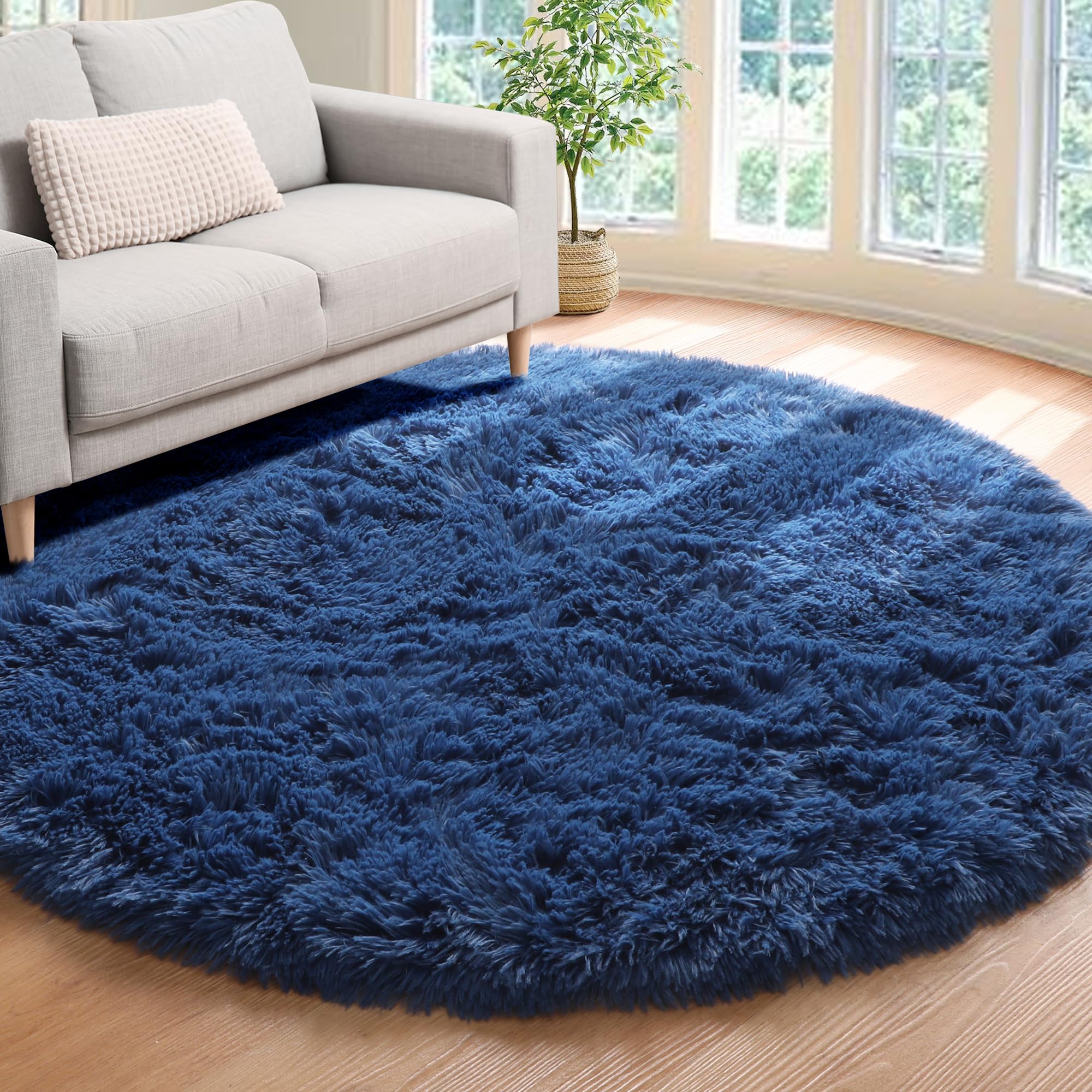 ONASAR Navy Blue Round Area Rug 4ft, Soft Bedroom Circle Rugs Floor Mat for Kids Girls Boys Teen Room, Fluffy Plush Shaggy Carpet for Baby Nursery Living Room Playroom Dorm Home Decor