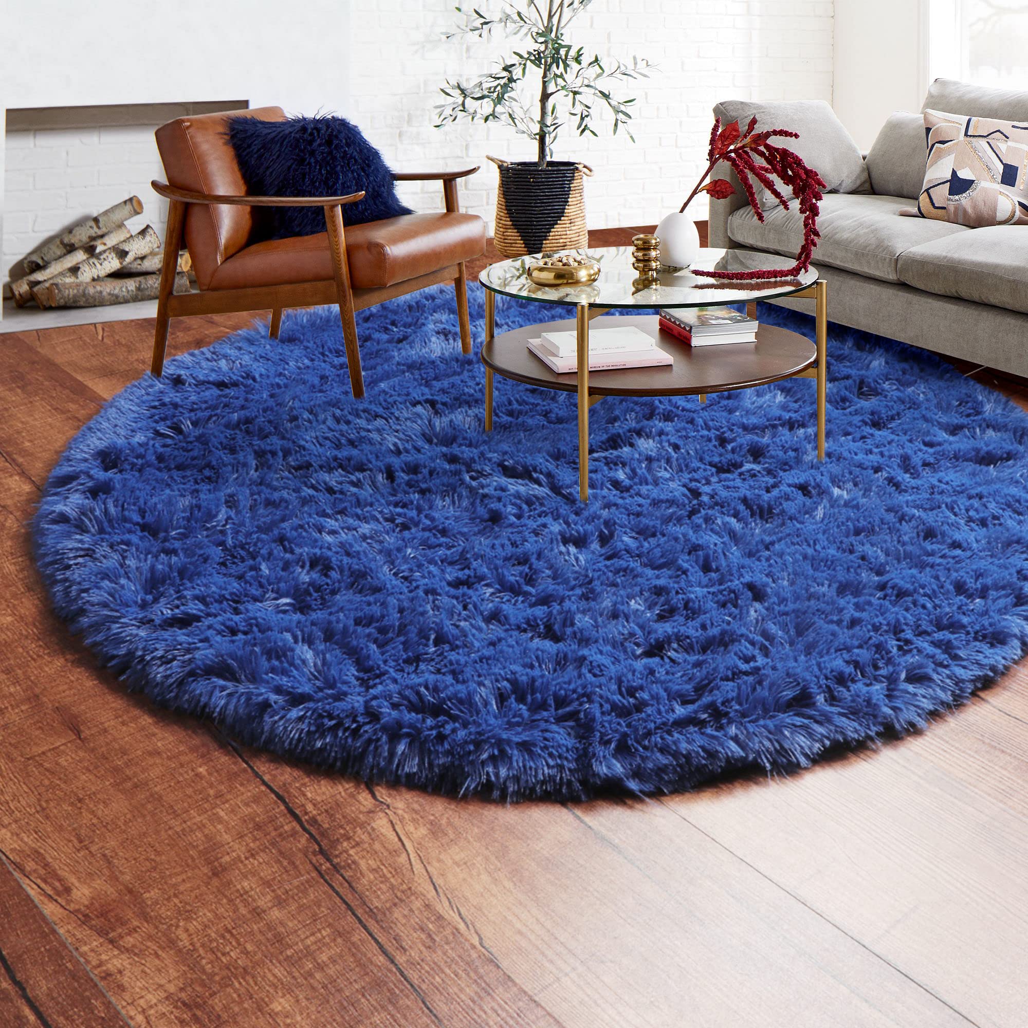 ONASAR Navy Blue Round Area Rug 4ft, Soft Bedroom Circle Rugs Floor Mat for Kids Girls Boys Teen Room, Fluffy Plush Shaggy Carpet for Baby Nursery Living Room Playroom Dorm Home Decor