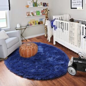 ONASAR Navy Blue Round Area Rug 4ft, Soft Bedroom Circle Rugs Floor Mat for Kids Girls Boys Teen Room, Fluffy Plush Shaggy Carpet for Baby Nursery Living Room Playroom Dorm Home Decor