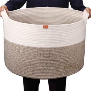 gocan extra large laundry basket toy storage 22"x22"x14" blanket basket cotton rope woven baskets with handles for living room (brown/beige) xxxl