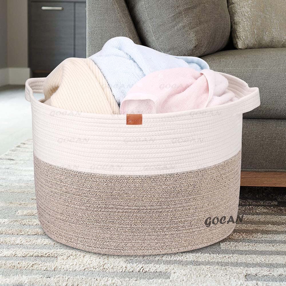 GOCAN Extra Large Laundry Basket toy storage 22"X22"X14" blanket basket Cotton Rope Woven Baskets with Handles for Living Room (Brown/Beige) XXXL