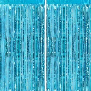 chrorine 2pcs 3ft x 8ft light blue metallic tinsel foil fringe curtains backdrop for frozen mermaid blue birthday party decorations, baby shower bachelorette bridal shower party decorations