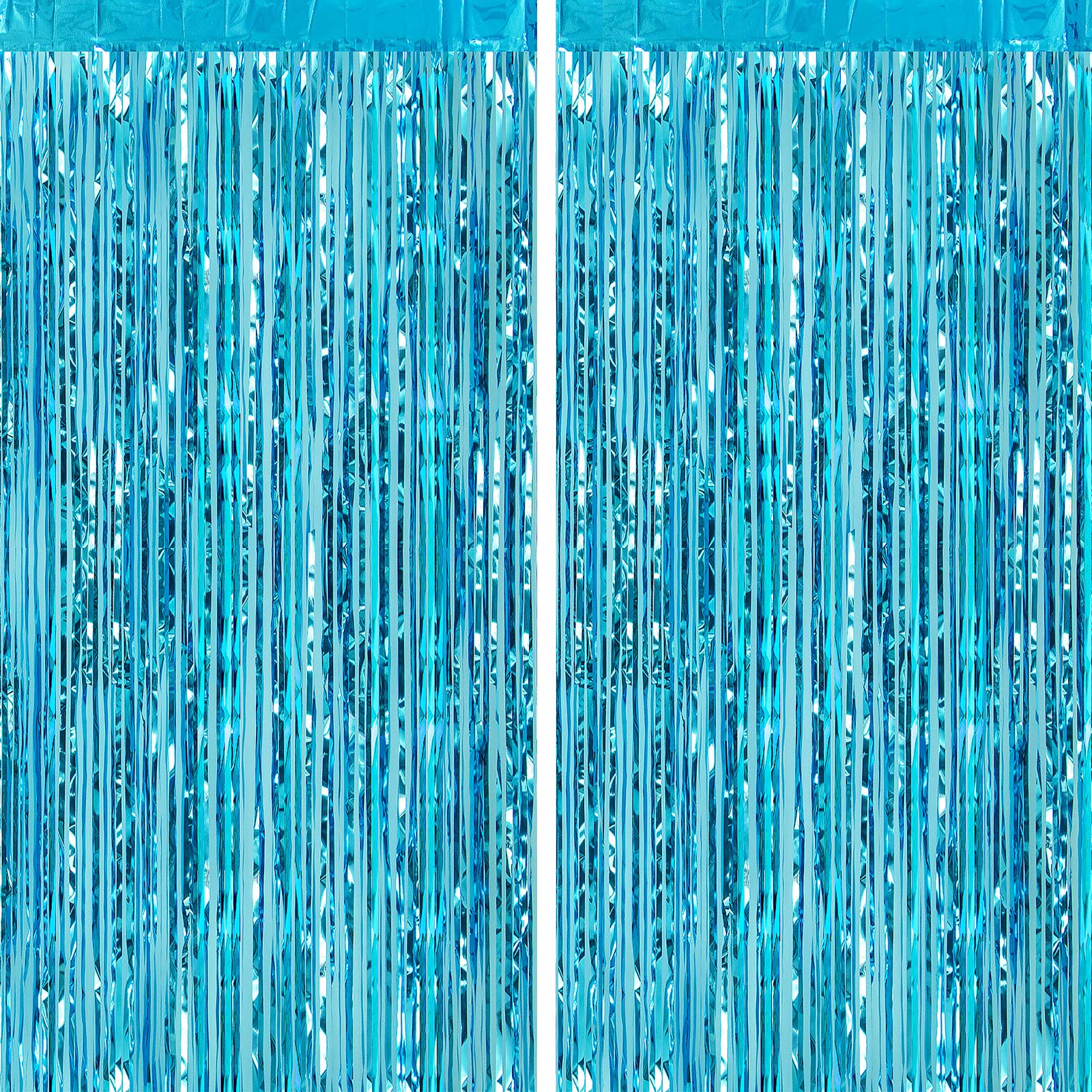 CHRORINE 2pcs 3ft x 8ft Light Blue Metallic Tinsel Foil Fringe Curtains Backdrop for Frozen Mermaid Blue Birthday Party Decorations, Baby Shower Bachelorette Bridal Shower Party Decorations