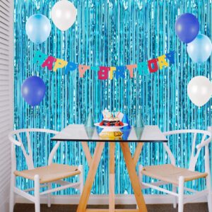 CHRORINE 2pcs 3ft x 8ft Light Blue Metallic Tinsel Foil Fringe Curtains Backdrop for Frozen Mermaid Blue Birthday Party Decorations, Baby Shower Bachelorette Bridal Shower Party Decorations