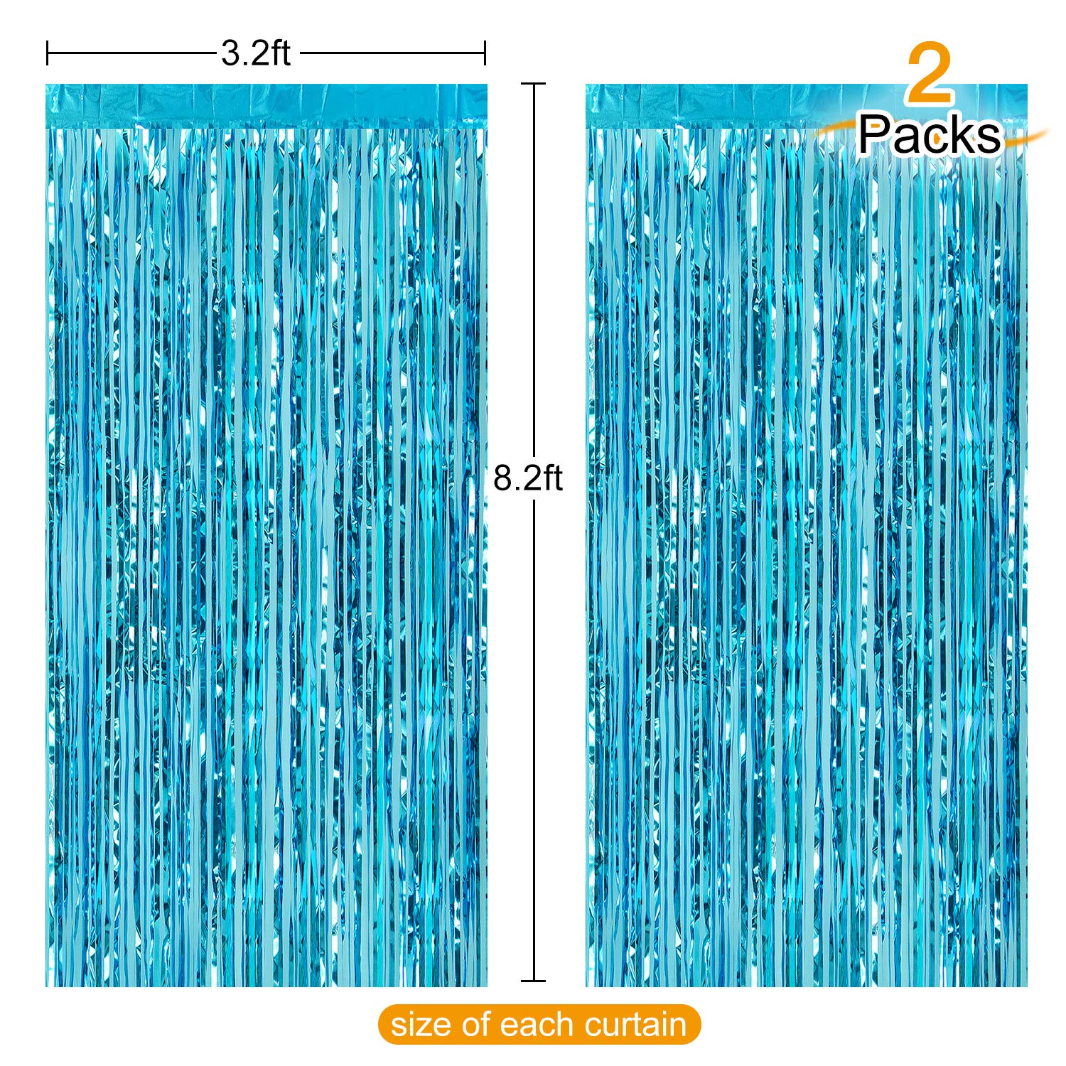 CHRORINE 2pcs 3ft x 8ft Light Blue Metallic Tinsel Foil Fringe Curtains Backdrop for Frozen Mermaid Blue Birthday Party Decorations, Baby Shower Bachelorette Bridal Shower Party Decorations