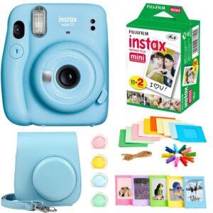 fujifilm instax mini 11 instant camera + instax mini twin pack film + hanging frames + plastic frames + case + close up filters - all inclusive bundle! (sky blue)