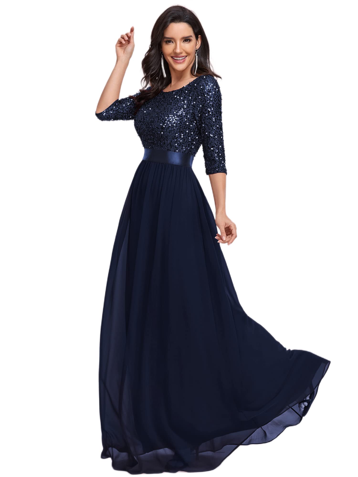 Ever-Pretty Women's Elegant A Line Crew Neck Half Sleeve Sequin Maxi Evening Dress Navy Blue US10