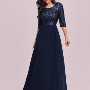 Ever-Pretty Women's Elegant A Line Crew Neck Half Sleeve Sequin Maxi Evening Dress Navy Blue US10