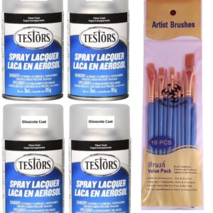 Testors Spray Enamel, Clear Dullcote Coat and Clear Glosscote Coat, Two 3oz Cans of Each with Make Your Day Paint Brushes