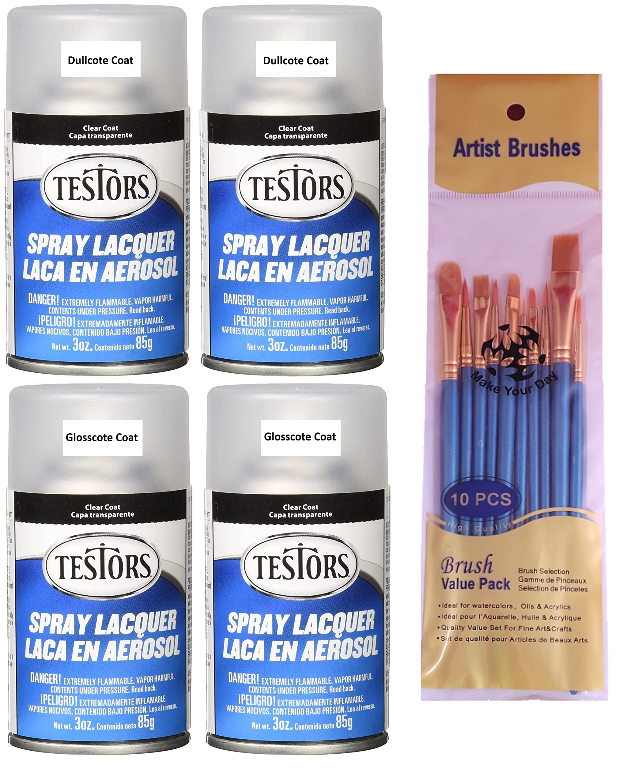 Testors Spray Enamel, Clear Dullcote Coat and Clear Glosscote Coat, Two 3oz Cans of Each with Make Your Day Paint Brushes