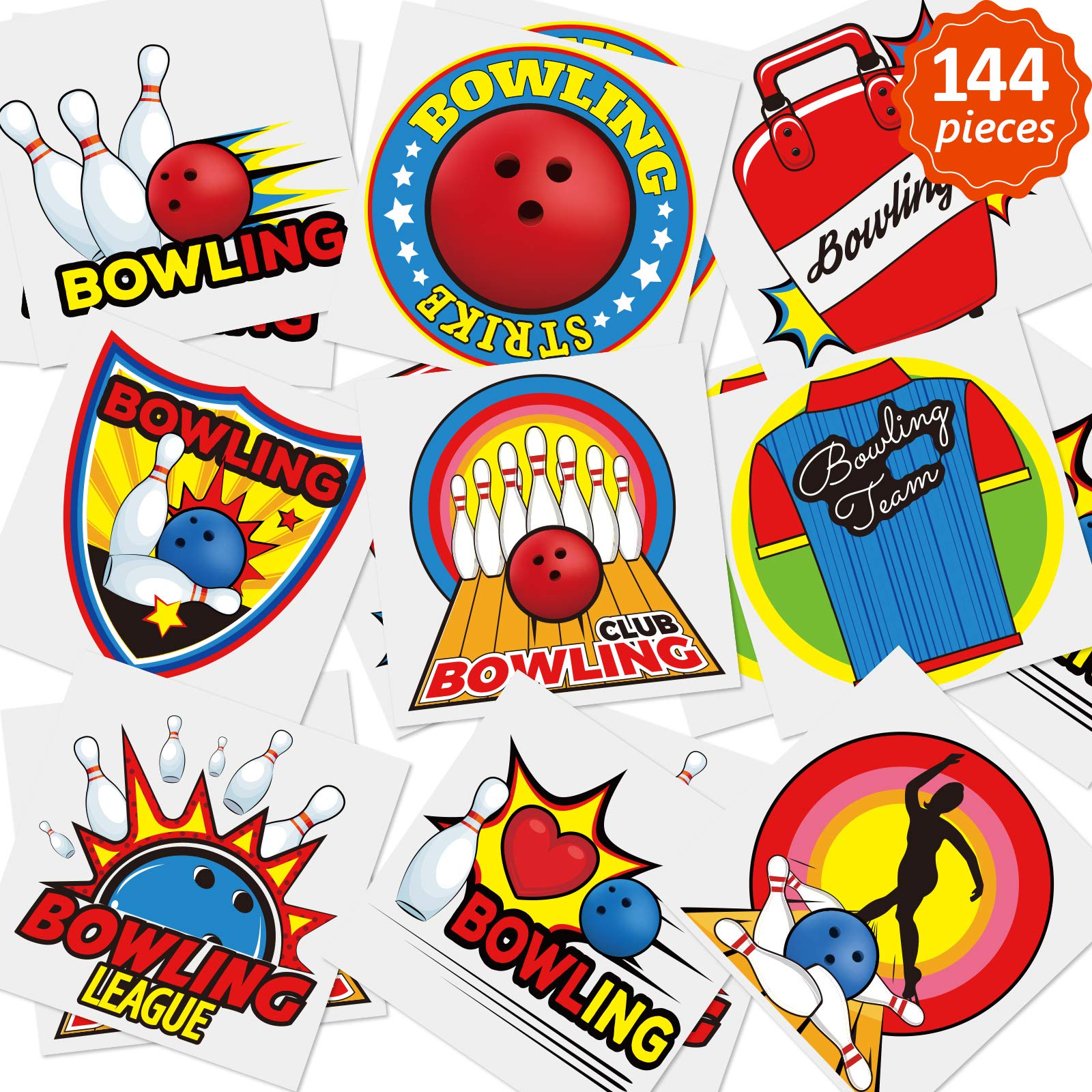 Outus 144 Pieces Bowling Temporary Tattoos Sport Stickers for Kids Bowling Themed Party Favors Decoration Supplies Waterproof Stickers Bowling Tattoos Boys School Prizes Rewards, 9 Styles