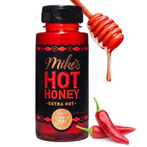 mike's extra hot honey, america's #1 brand of hot honey, spicy honey, all natural 100% pure honey infused with chili peppers, gluten-free, paleo-friendly (10oz bottle, 1 pack)