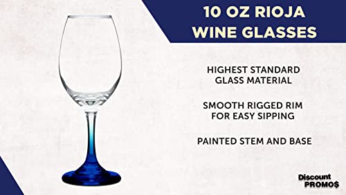 DISCOUNT PROMOS Rioja Wine Glasses with Stem 10 oz. Set of 10, Bulk Pack - Color Bottom, Perfect for Wedding, Party Favors, Birthday, Bridal Shower Gifts - Blue