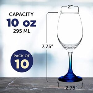 DISCOUNT PROMOS Rioja Wine Glasses with Stem 10 oz. Set of 10, Bulk Pack - Color Bottom, Perfect for Wedding, Party Favors, Birthday, Bridal Shower Gifts - Blue