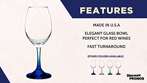 DISCOUNT PROMOS Rioja Wine Glasses with Stem 10 oz. Set of 10, Bulk Pack - Color Bottom, Perfect for Wedding, Party Favors, Birthday, Bridal Shower Gifts - Blue