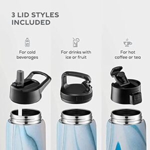 FineDine Triple Walled, Insulated Water Bottles with Straw - 25 Oz Stainless Steel Metal Bottle W/ 3 Leak Proof Lids - For Travel, School, Sports, Gym / Men, Women & Kids - Exquisite Blue Marble