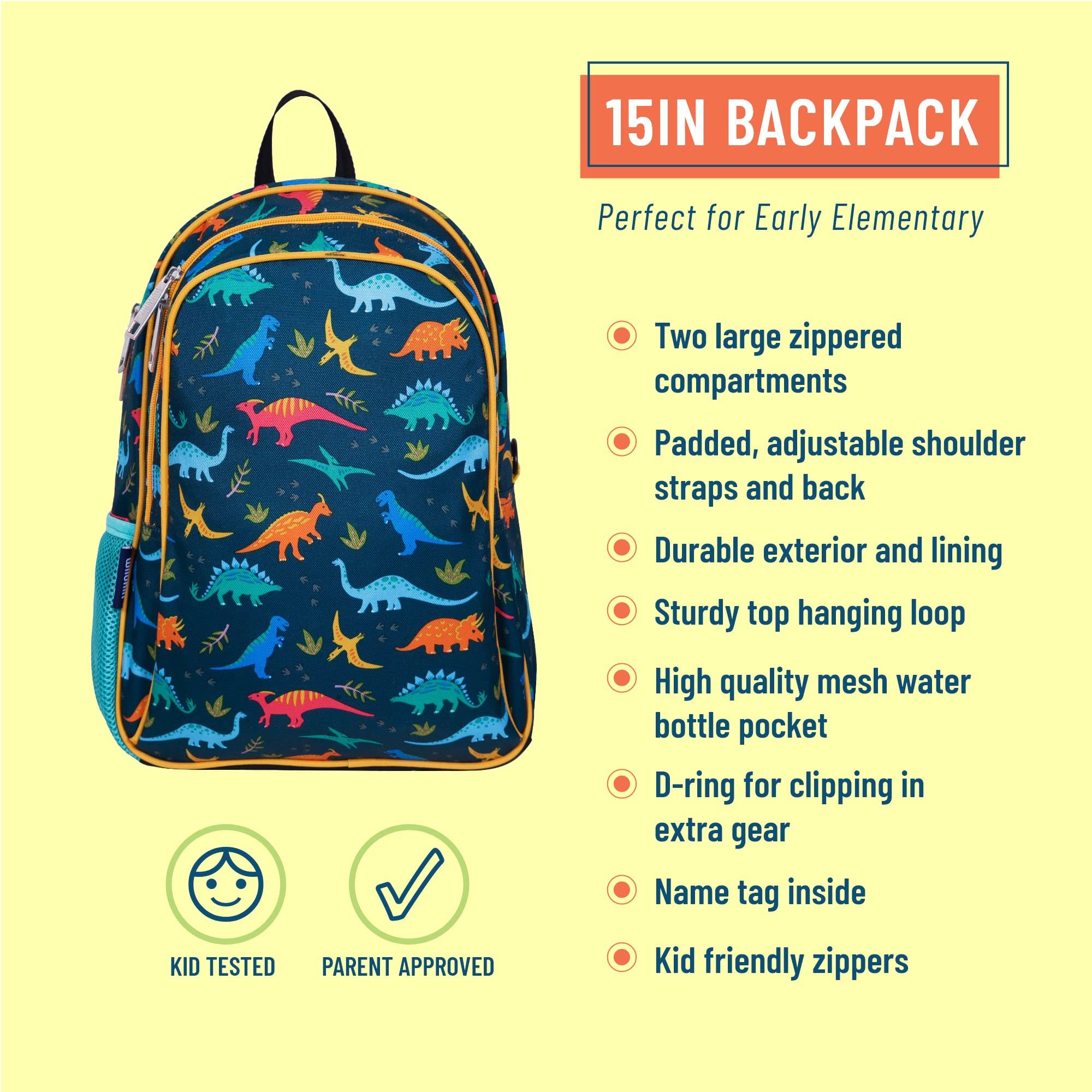 Wildkin 15-Inch Kids Backpack for Boys & Girls, Perfect for Early Elementary Daycare School Travel, Features Padded Back & Adjustable Strap (Jurassic Dinosaurs)