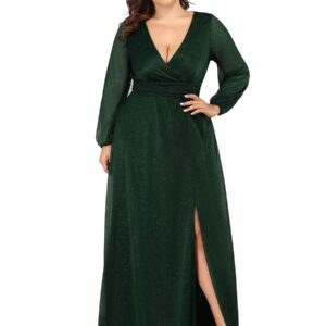 Ever-Pretty Women's Glitter A Line High Slit V-Neck Plus Size Formal Gowns and Evening Dresses Dark Green US18