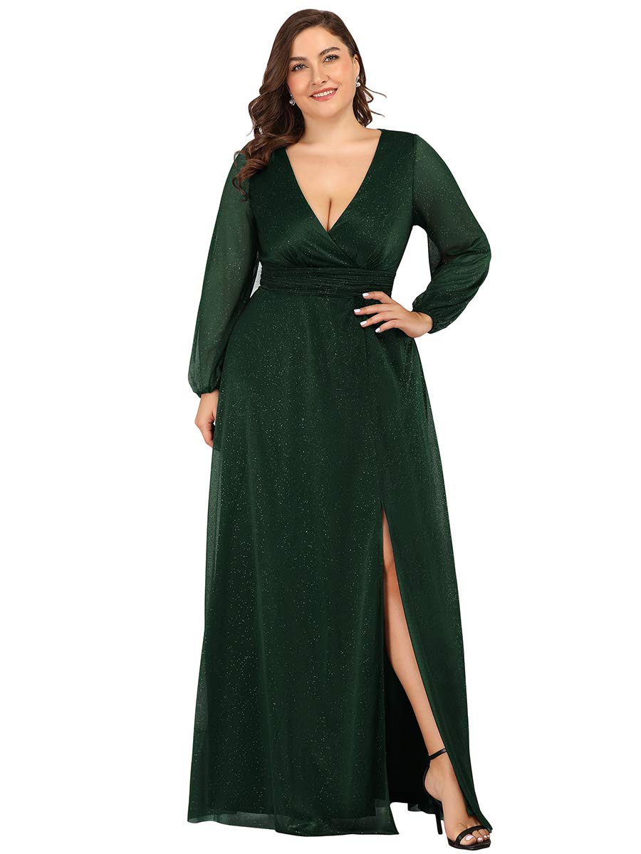 Ever-Pretty Women's Glitter A Line High Slit V-Neck Plus Size Formal Gowns and Evening Dresses Dark Green US18