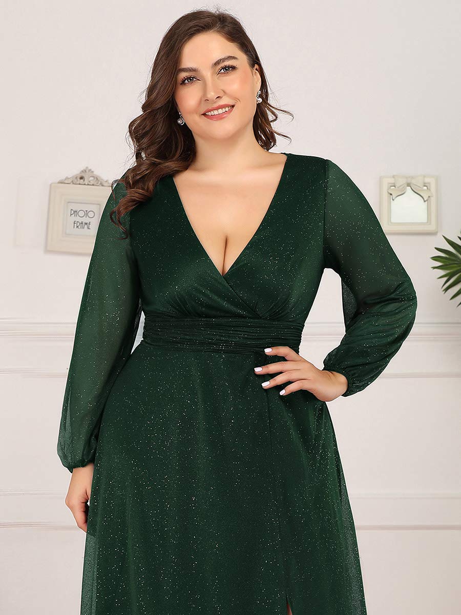 Ever-Pretty Women's Glitter A Line High Slit V-Neck Plus Size Formal Gowns and Evening Dresses Dark Green US18