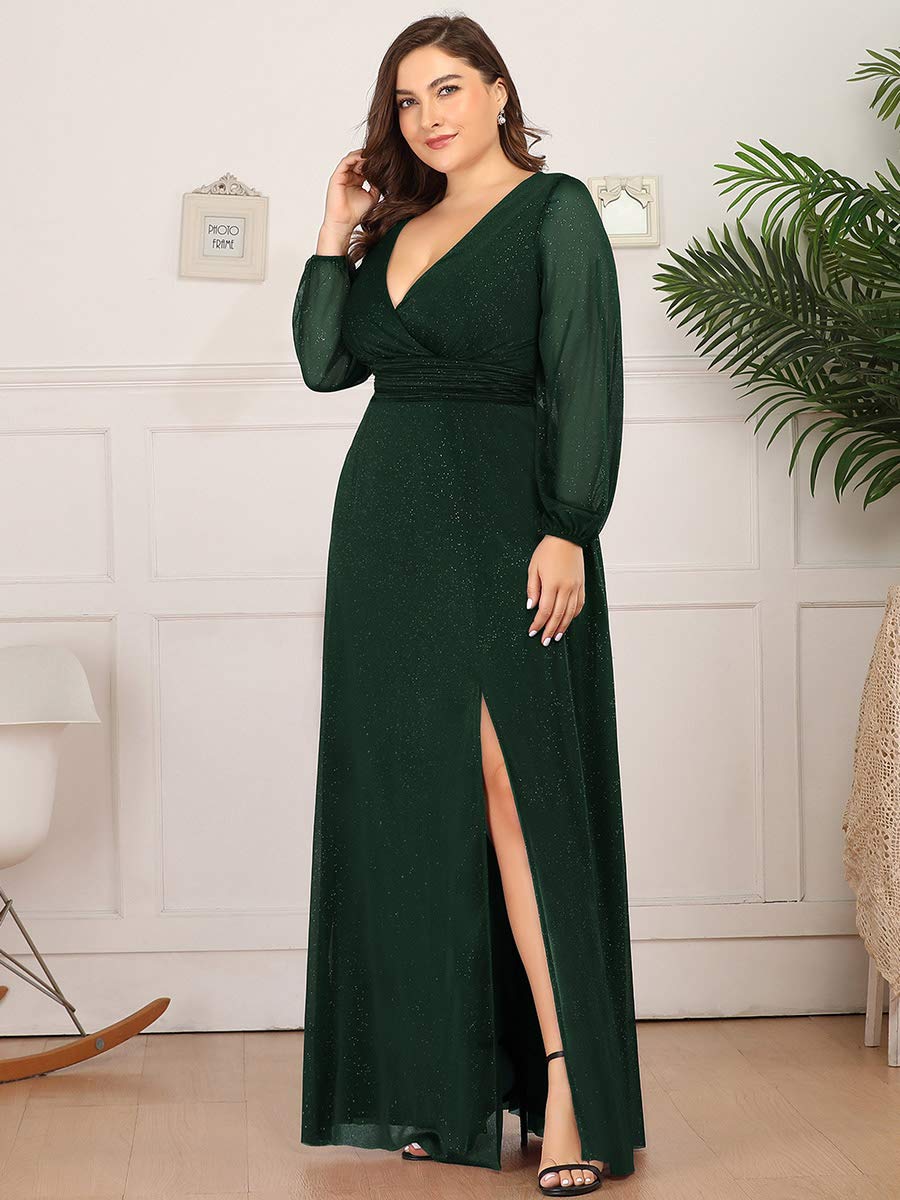 Ever-Pretty Women's Glitter A Line High Slit V-Neck Plus Size Formal Gowns and Evening Dresses Dark Green US18