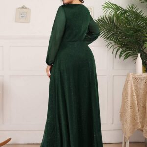 Ever-Pretty Women's Glitter A Line High Slit V-Neck Plus Size Formal Gowns and Evening Dresses Dark Green US18