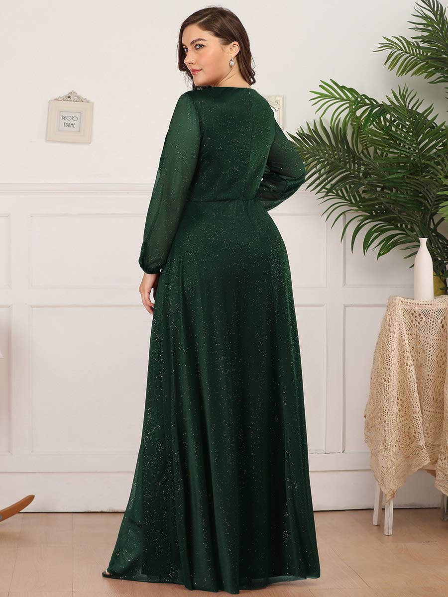 Ever-Pretty Women's Glitter A Line High Slit V-Neck Plus Size Formal Gowns and Evening Dresses Dark Green US18