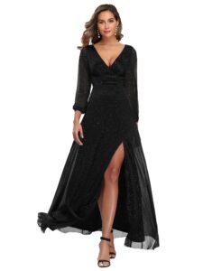 ever-pretty women's v-neck front wrap high thigh slit long cocktail dress black us16