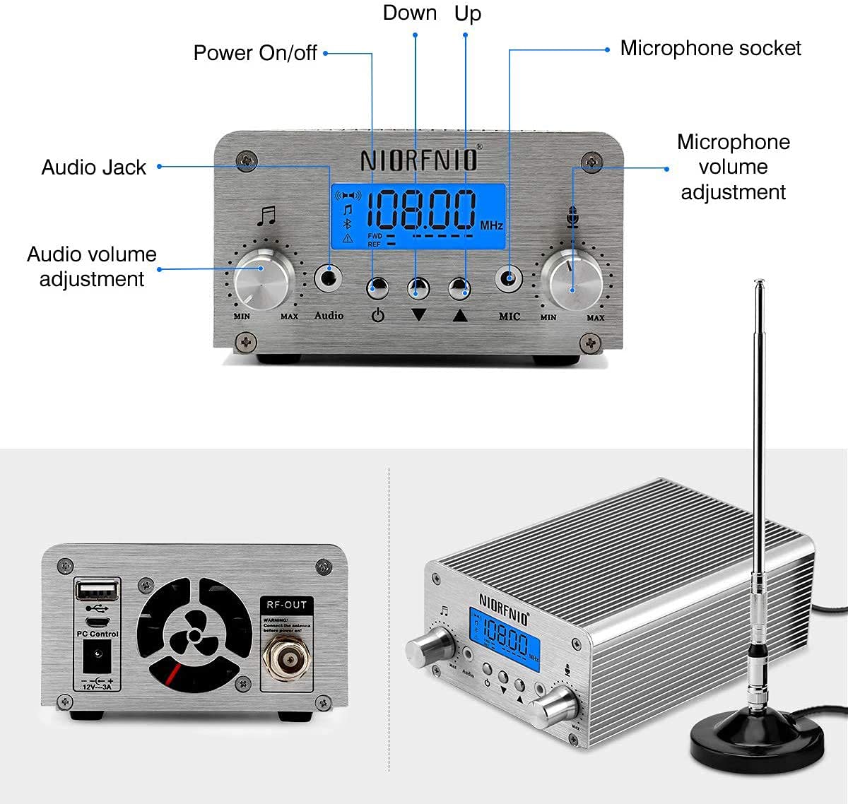 NIORFNIO 15W Fm Transmitter - Bluetooth Wireless Stereo Broadcasting Range 87-108mhz Transmitter, Used in Churches, Cars, Shopping Malls, Lecture Halls, Private Radio Stations