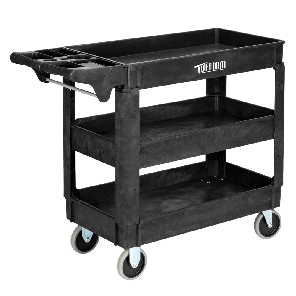 TUFFIOM Plastic Service Utility Cart, Support 550lbs Capacity Ergonomic Handle, Heavy Duty Tub Storage Cart W/Deep Shelves, Multipurpose Rolling 2-Tier Mobile Storage Organizer, for Warehouse Garage