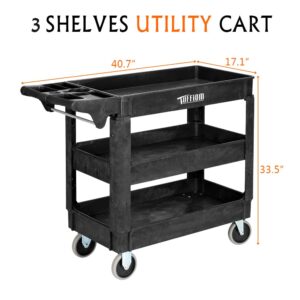 TUFFIOM Plastic Service Utility Cart, Support 550lbs Capacity Ergonomic Handle, Heavy Duty Tub Storage Cart W/Deep Shelves, Multipurpose Rolling 2-Tier Mobile Storage Organizer, for Warehouse Garage