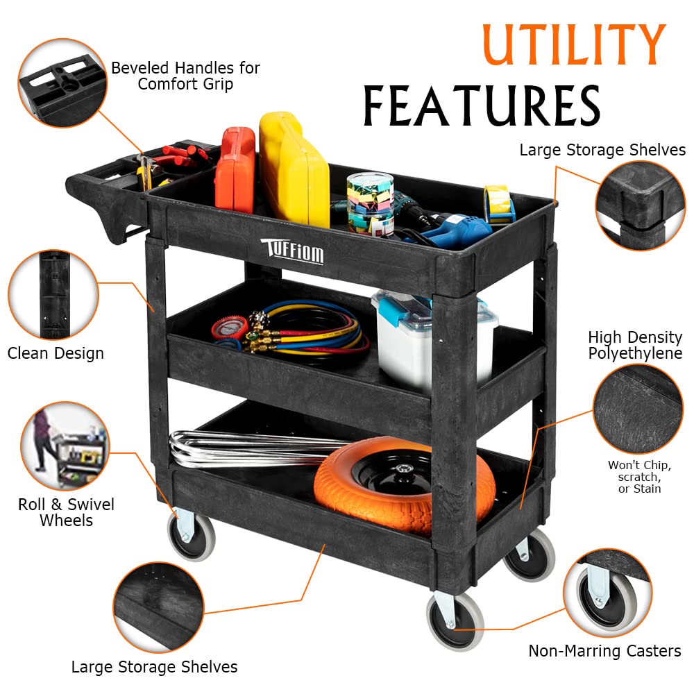 TUFFIOM Plastic Service Utility Cart, Support 550lbs Capacity Ergonomic Handle, Heavy Duty Tub Storage Cart W/Deep Shelves, Multipurpose Rolling 2-Tier Mobile Storage Organizer, for Warehouse Garage