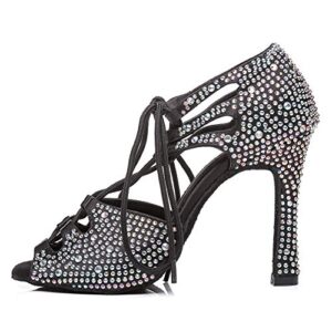 hroyl women latin dance shoes with rhinestones ballroom performence wedding party dance heels,ycl425-black-9,us9.5