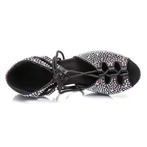 HROYL Women Latin Dance Shoes with Rhinestones Ballroom Performence Wedding Party Dance Heels,YCL425-Black-9,US9.5