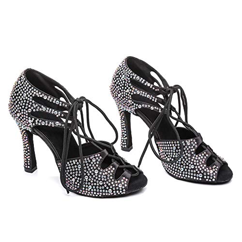 HROYL Women Latin Dance Shoes with Rhinestones Ballroom Performence Wedding Party Dance Heels,YCL425-Black-9,US9.5