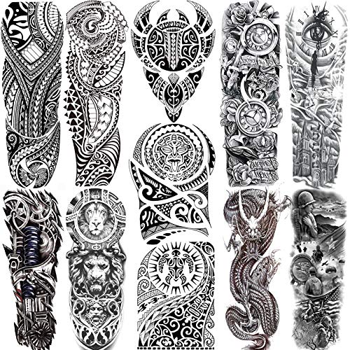 11 Sheets NEZAR Maori Temporary Tattoo Sleeve For Men Adults Tiki Turtle Manta Waterproof Fake Tattoo Sleeves For Women Black Dragon Totem Tribal Military Long Full Sleeve Tattoos Temporary Stickers