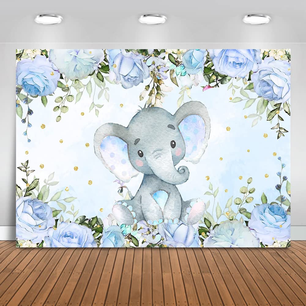 Avezano Elephant Boy Baby Shower Backdrop, Blue Floral Elephant Baby Shower Party Decorations Blue Elephant Baby Shower Party Banner Photography Background (7x5ft)