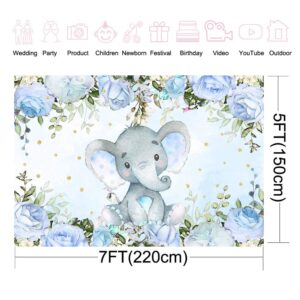 Avezano Elephant Boy Baby Shower Backdrop, Blue Floral Elephant Baby Shower Party Decorations Blue Elephant Baby Shower Party Banner Photography Background (7x5ft)