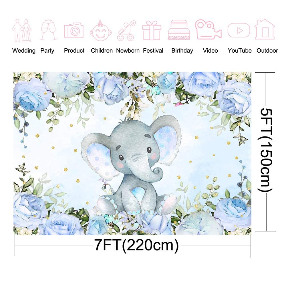 Avezano Elephant Boy Baby Shower Backdrop, Blue Floral Elephant Baby Shower Party Decorations Blue Elephant Baby Shower Party Banner Photography Background (7x5ft)