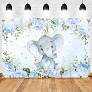 Avezano Elephant Boy Baby Shower Backdrop, Blue Floral Elephant Baby Shower Party Decorations Blue Elephant Baby Shower Party Banner Photography Background (7x5ft)